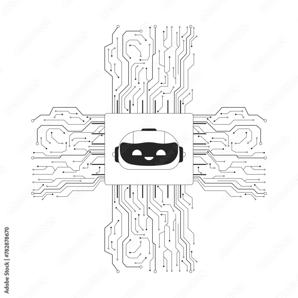 AI microchip cpu black and white 2D line cartoon object. Artificial ...
