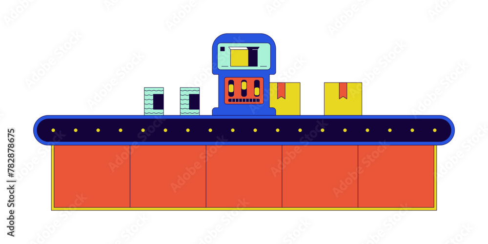 Production assembly line 2D linear cartoon object. Conveyor belt boxes ...