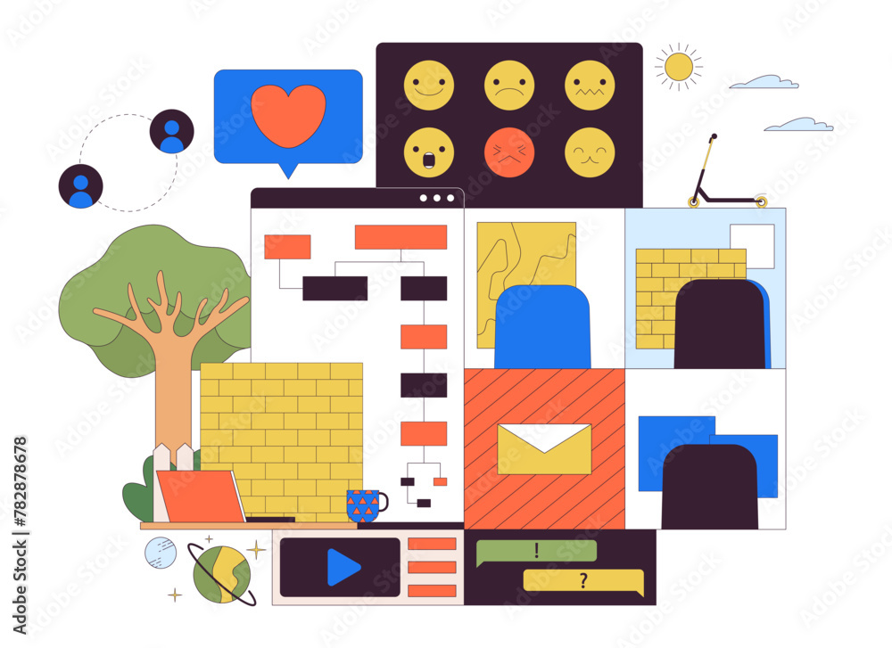 Web development 2D linear illustration concept. Telecommuting. Software creation technology ...