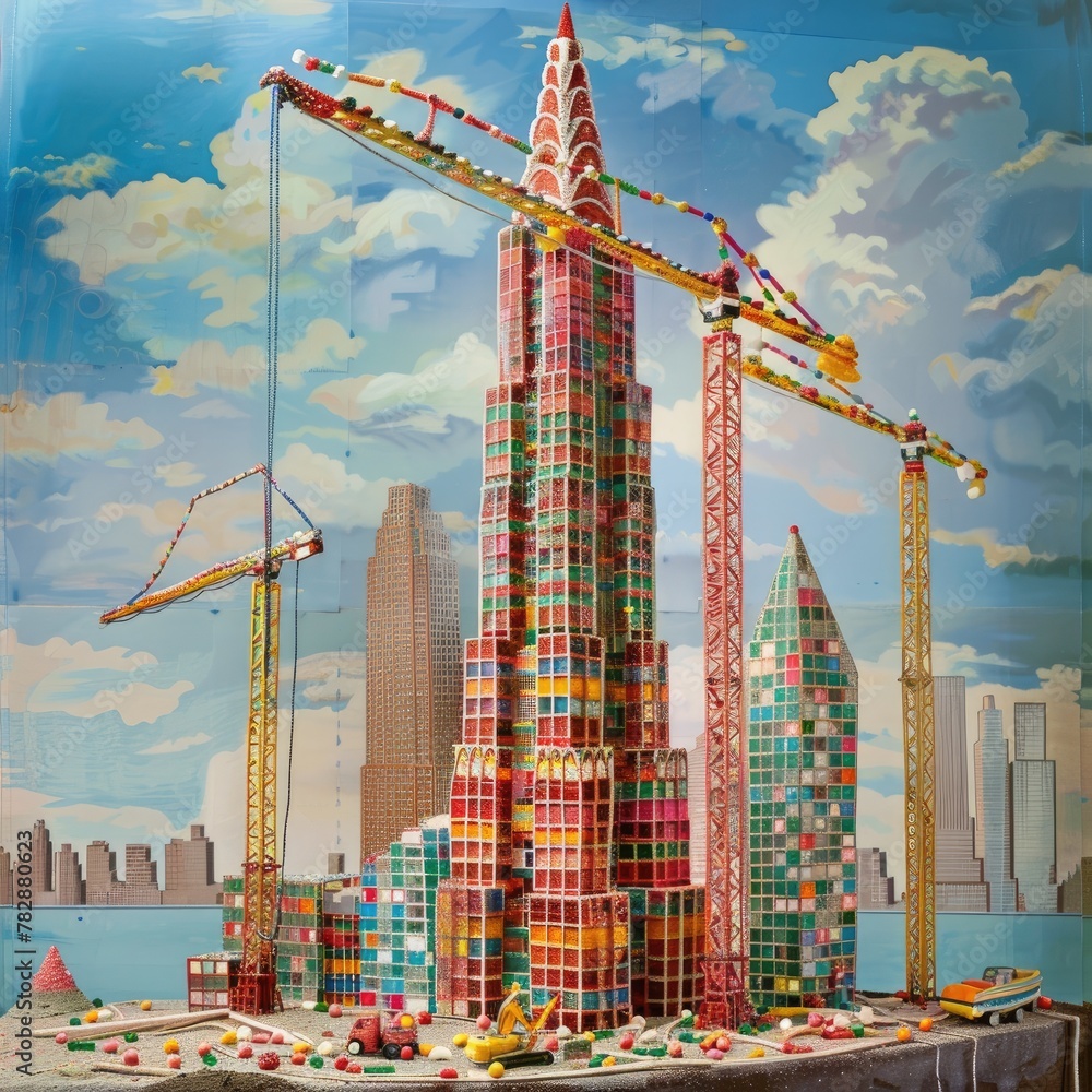 A construction site building a skyscraper with girders of candy sticks ...