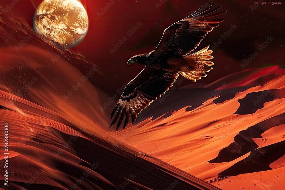 A majestic eagle soaring above the red Martian dunes casting a shadow ...