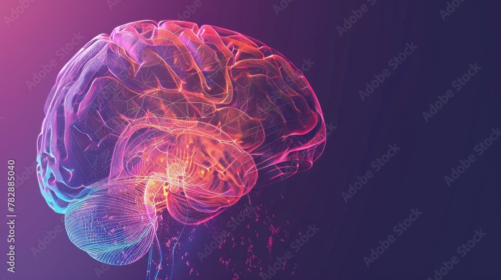 3D x-ray illustration of human brain from side view. The brain in glow ...