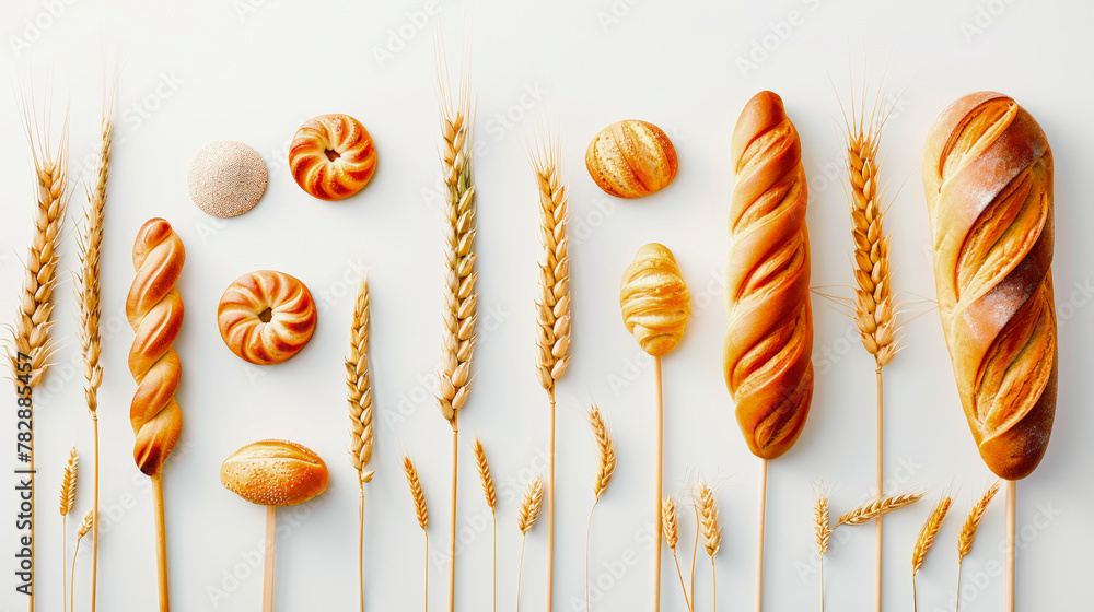 Assorted bread types and wheat ears arranged in parallel rows on a ...