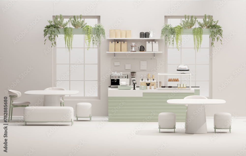3D render modern white and green style cafe counter with big window ...