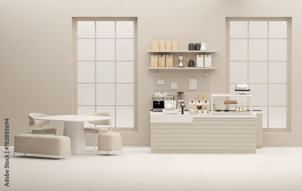 3D render modern white and beige style cafe counter with big window ...