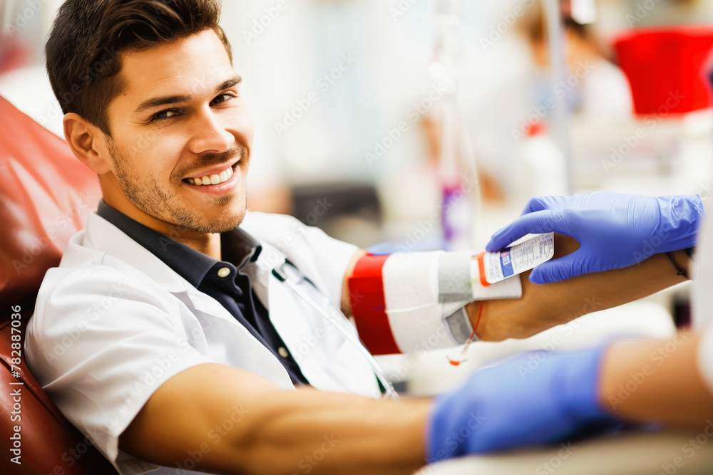 Smiling man donating blood, seated in chair, medical staff assisting ...