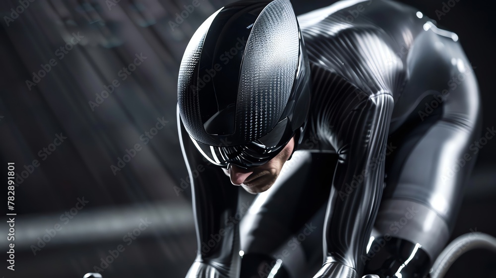 Show a closeup of a cyclist in full aerodynamic gear, highlighting the ...