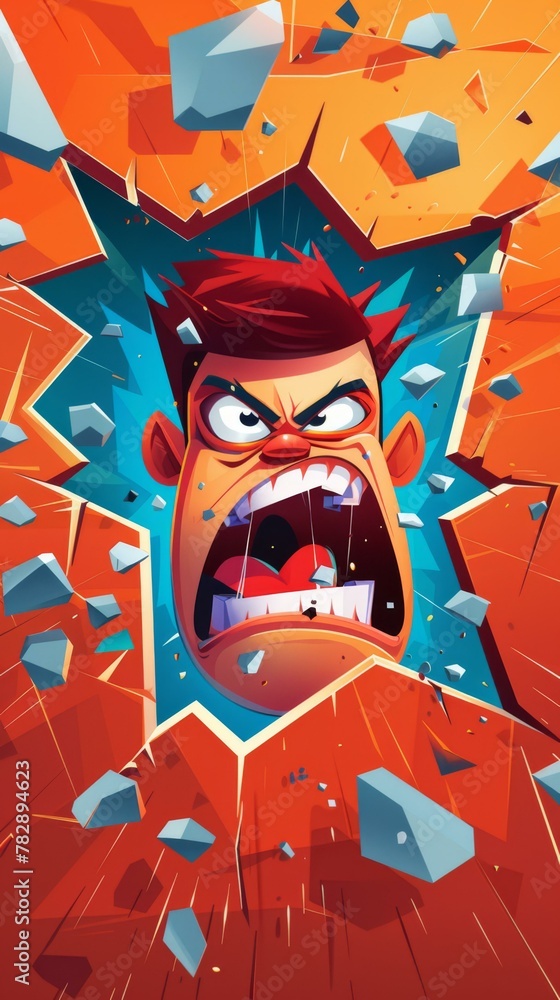 Angry vector character breaking free from a flat canvas, 3D elements ...