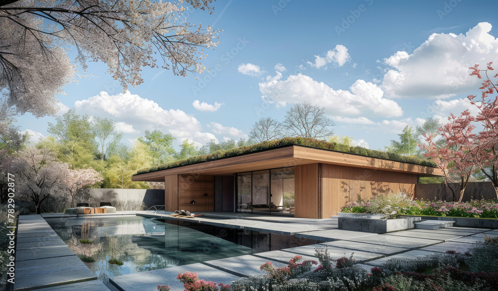 3D rendering of a modern house with wooden cladding and a green roof ...