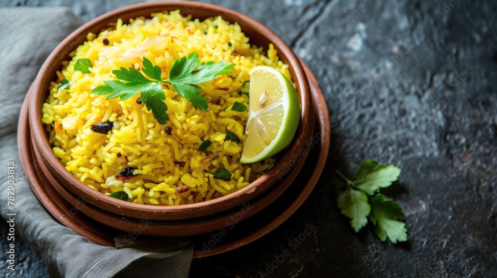 wooden bowl filled with delicious Indian rice dish (poha) and various ...