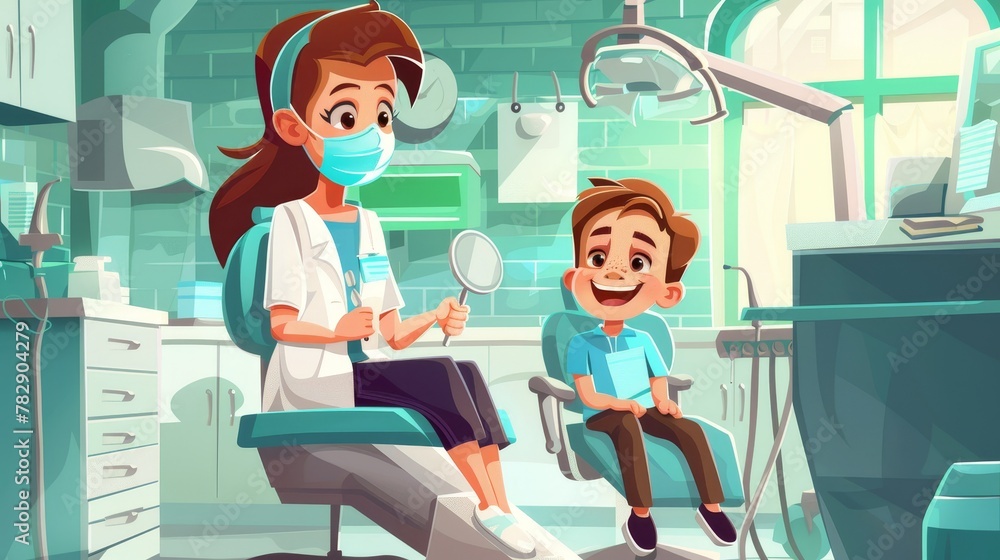 In a pediatric dental office, a little boy sits at a chair with a ...