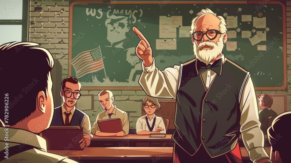 Cartoon posters with senior historian explaining lesson to students ...