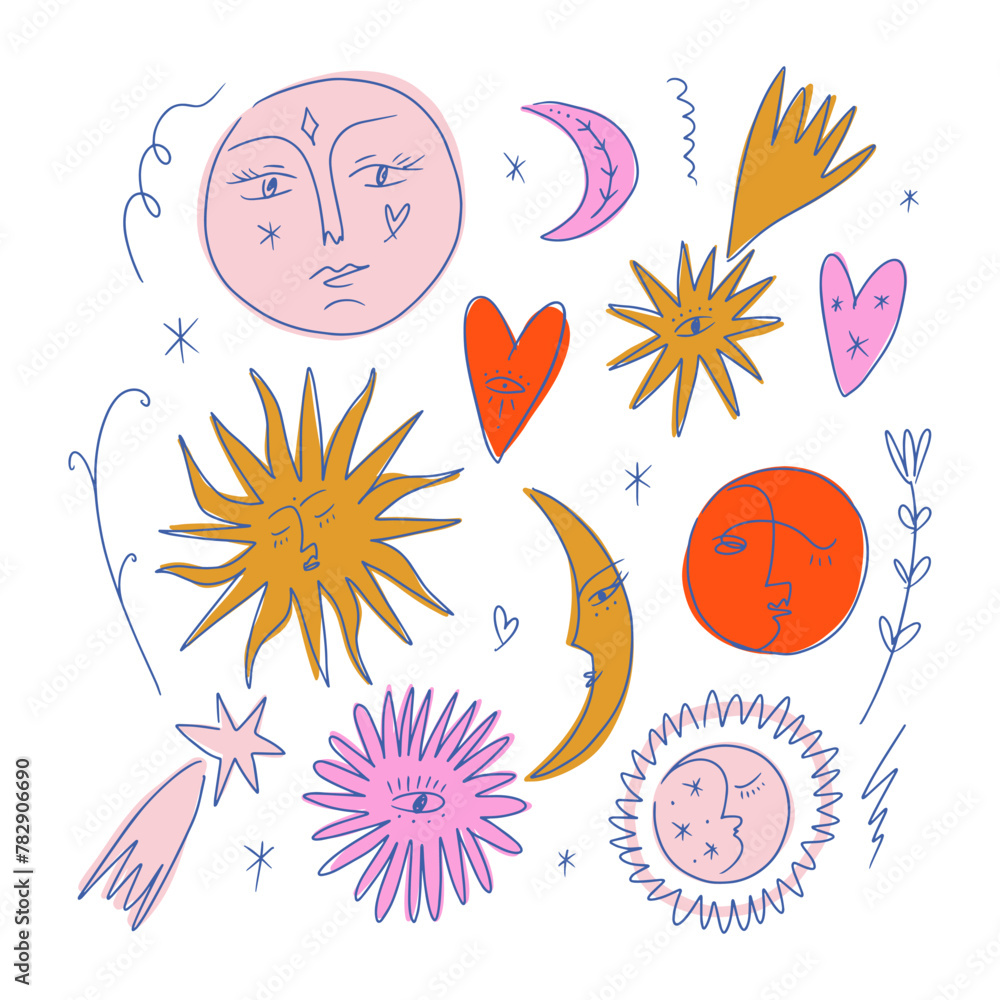 Vintage stylish freaky cool funny doodle stellar characters. Hand-drawn ...