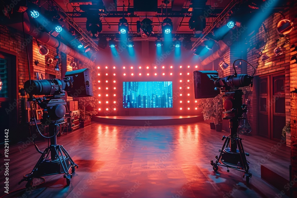 An exquisitely designed TV studio boasts high-tech equipment, vibrant ...