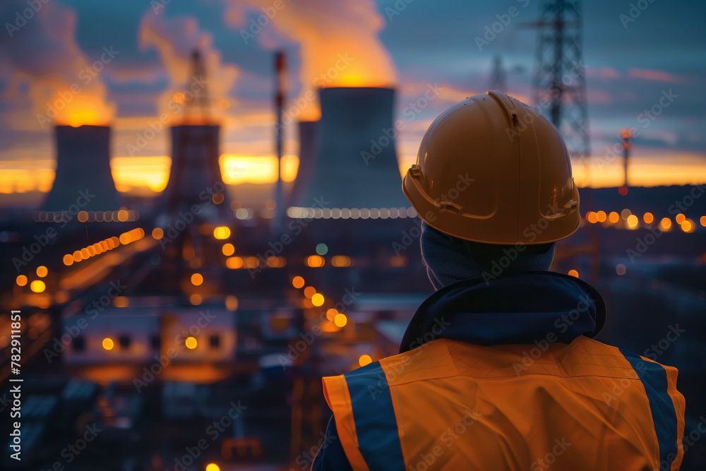 Engineer worker monitors a nuclear power plant. Back view of a man in a ...