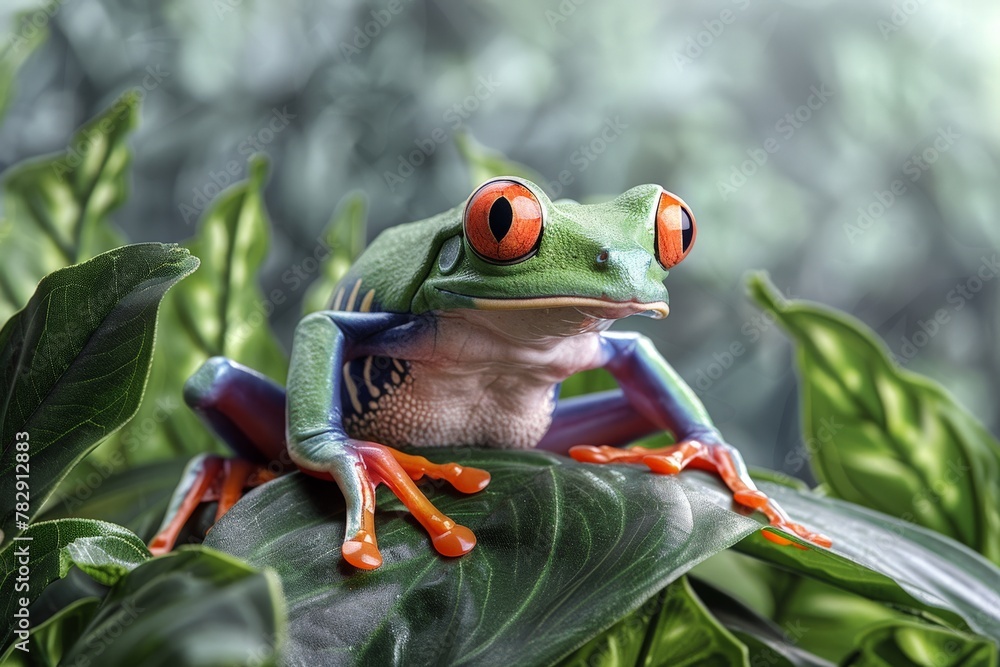 Red-eyed tree frog closeup on leaves, Red-eyed tree frog (Agalychnis ...