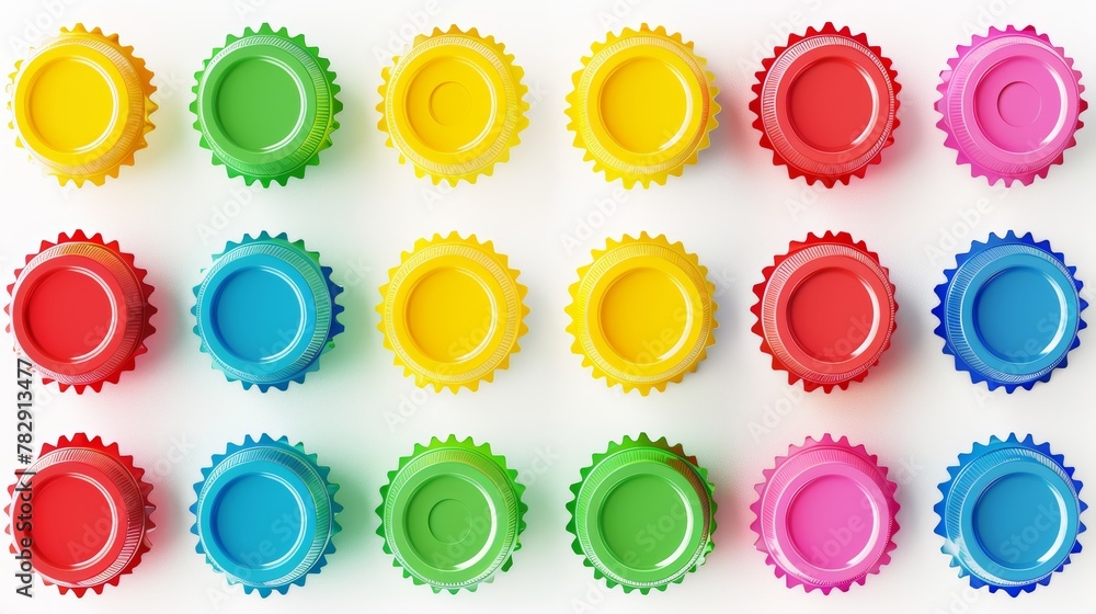 Set of five colored plastic bottle caps isolated on white background ...