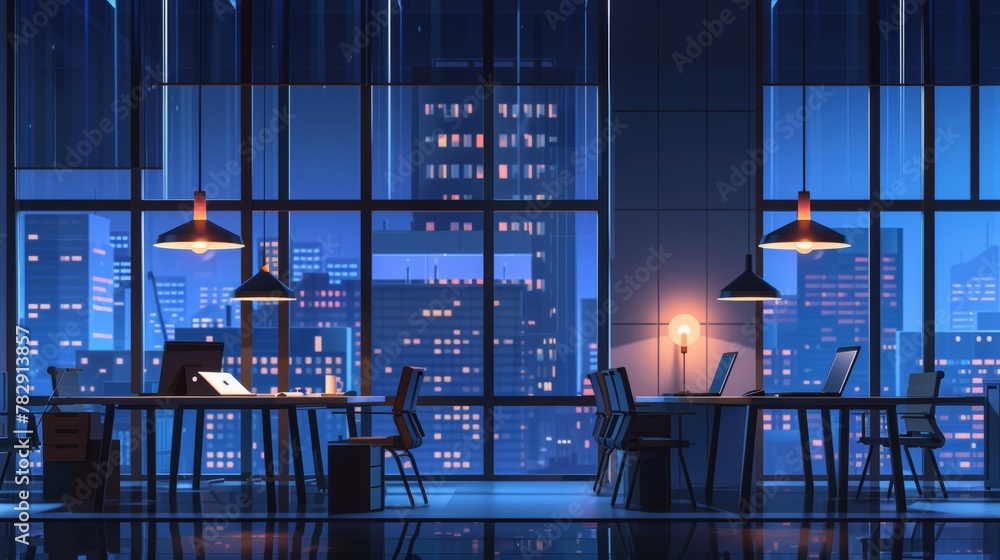 Working at night in an open space office, with large floor-to-ceiling ...