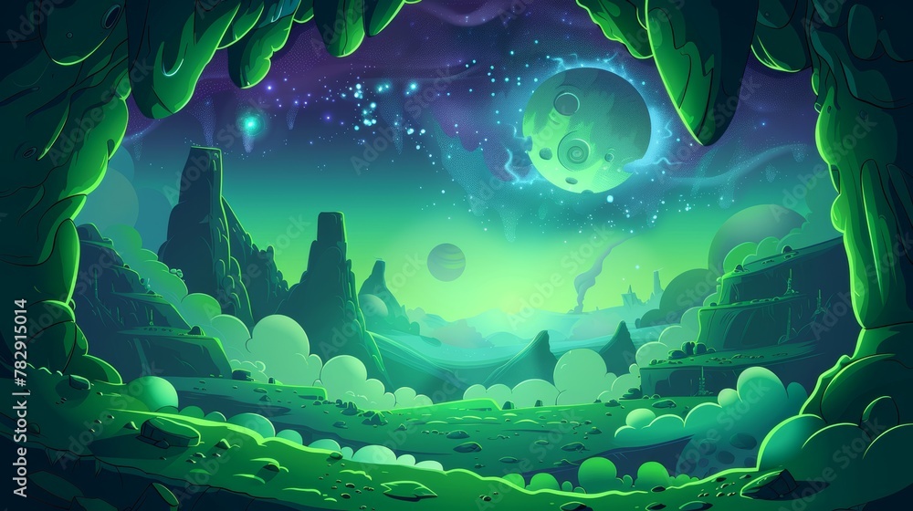 Cartoon modern illustration of a green alien planet surface with ...