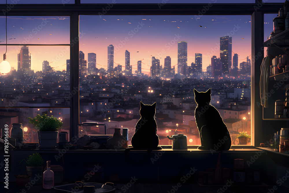 AI generated illustration of two cats sitting side by side by a window ...