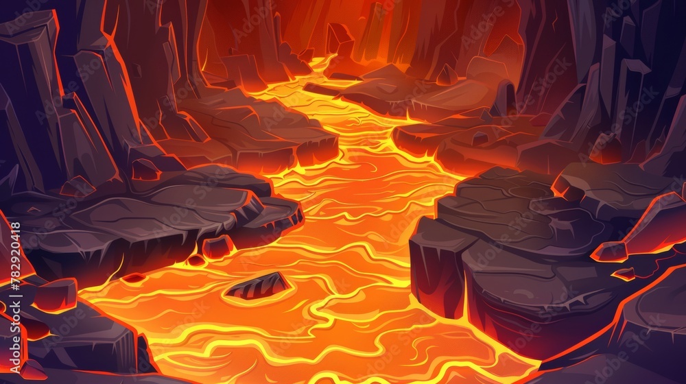 A volcanic lava hell rock cave view fantasy game cartoon background set ...