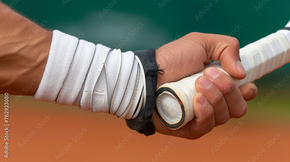 A close-up view of a person’s hand tightly gripping a tennis racket ...