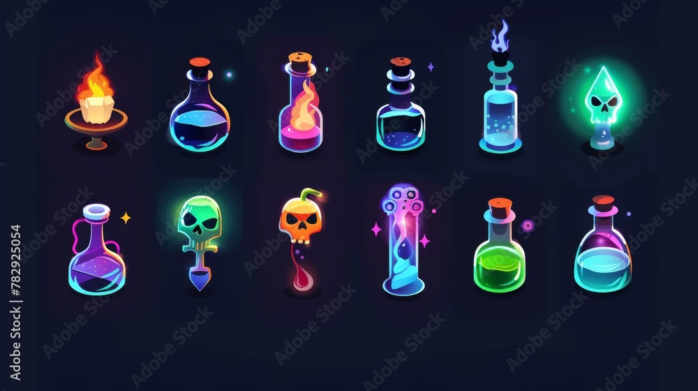 Set of magic game potion bottles cartoon icons. Ui modern illustration ...