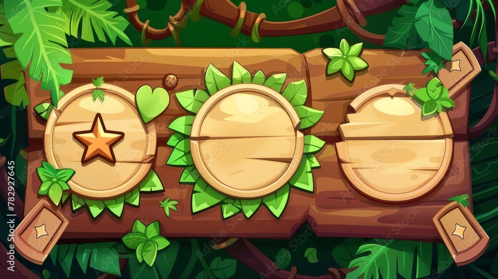 The jungle game UI design elements set includes tropical leaves, round ...