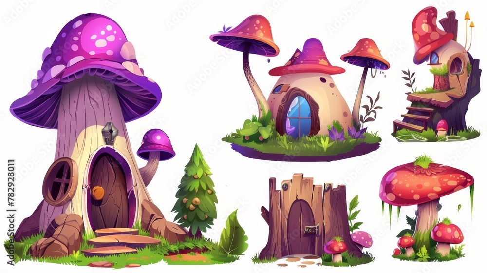 Cute funny fictional forest habitat cottage in mushrooms and tree ...