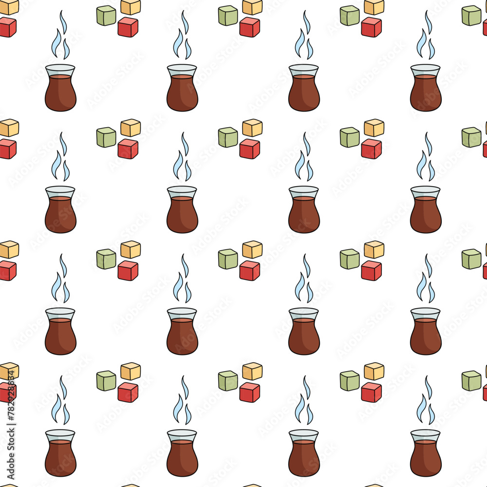 Seamless pattern with Turkish tulip shaped teacup and Turkish Delight ...