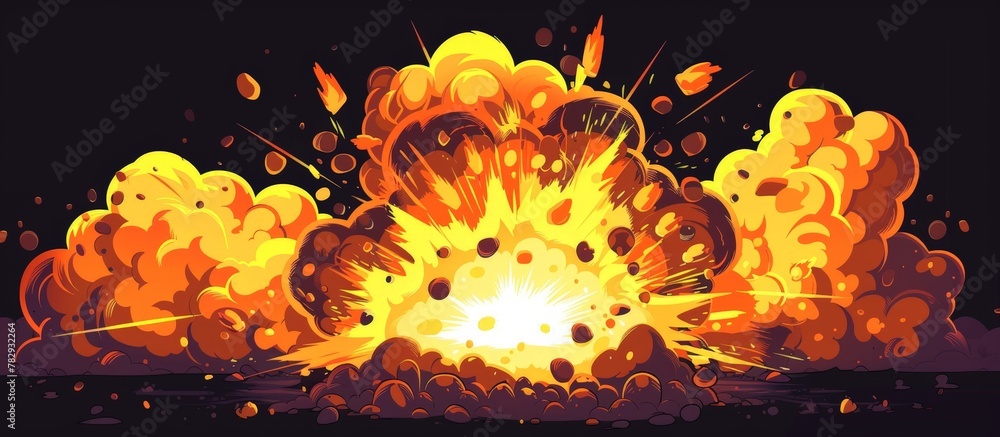 Fiery cartoon explosion with yellow and orange smoke and rocks bursting ...