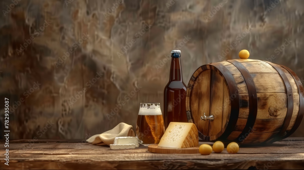 Beer's in oak beer barrel and brie de meux, epoisse, comte background ...