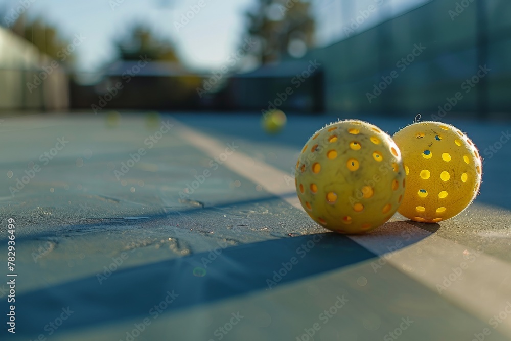 Green pickleball ball close-up on a pickleball court, with space for ...