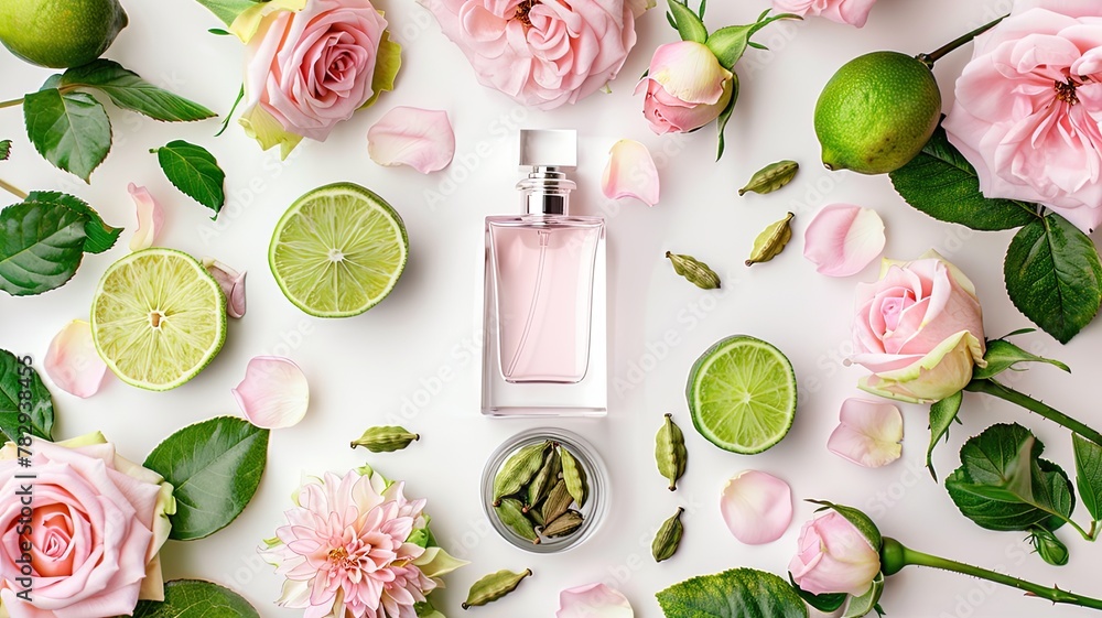 delicate pink roses, zesty lime slices, and aromatic cardamom pods, set ...