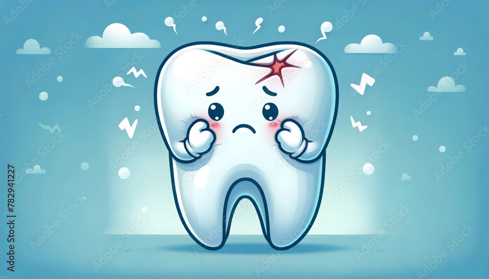 tooth brush. Animated sad tooth with a crack, set against a sky blue ...