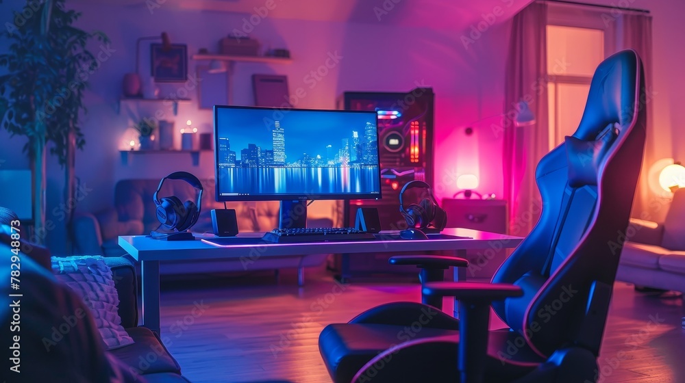 Gamming PC on video gaming desk in dark room. Futuristic modern ...