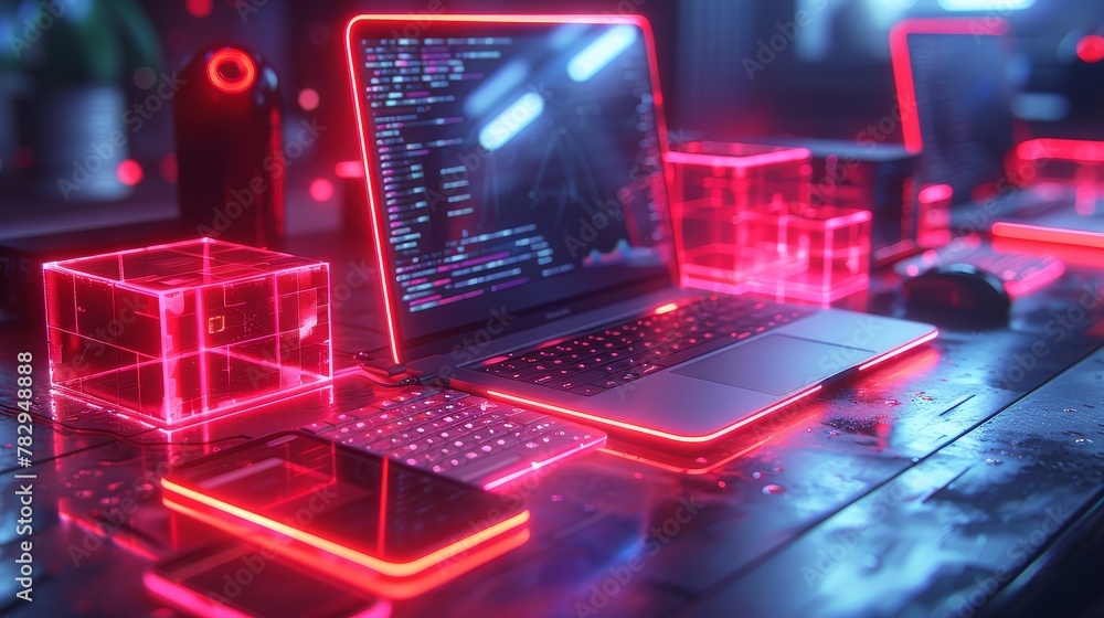 The concept of computer technology shows three pieces of technology on ...