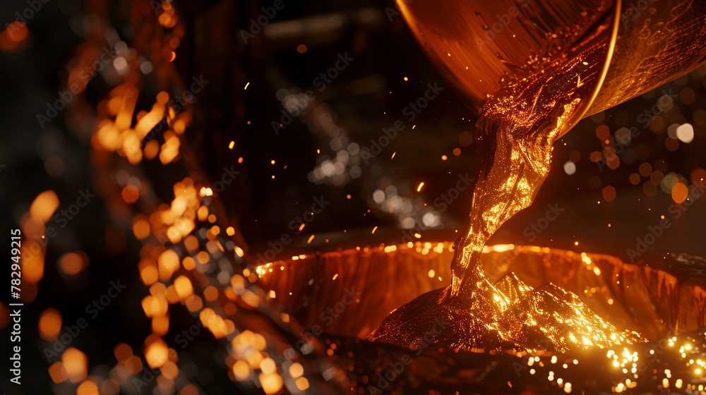 Pouring molten steel, into a socket, close up, glowing orange steel ...