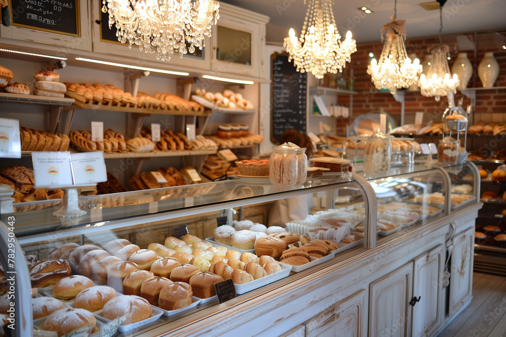 AI-generated illustration of assorted pastries showcased behind bakery ...