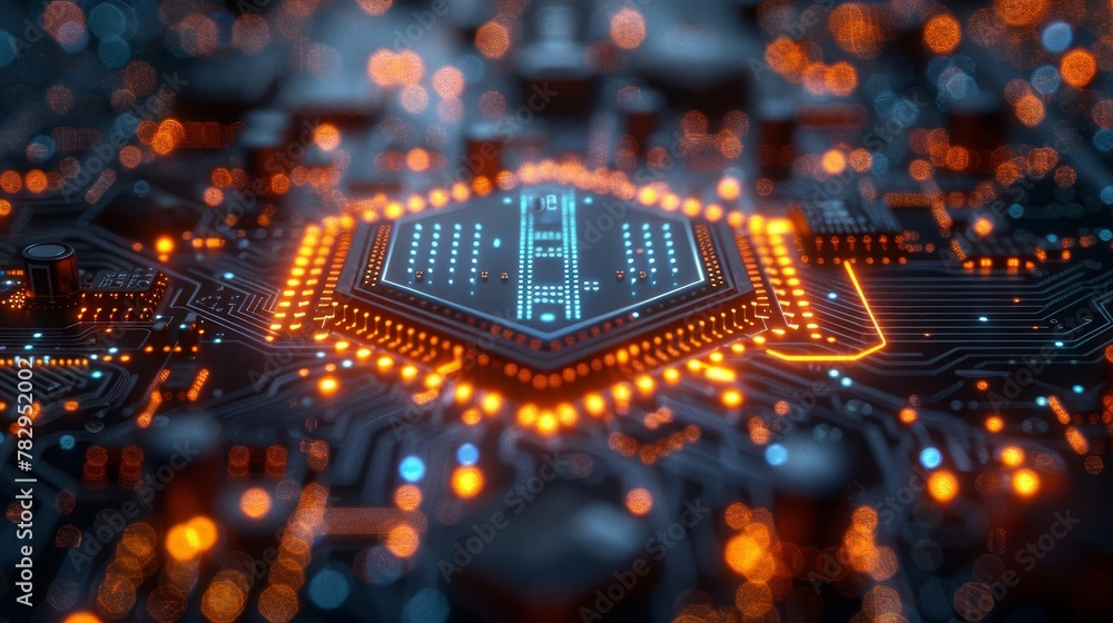 In this image, a quantum computer displays glowing qubits. A laser ray signals transmits digital ...