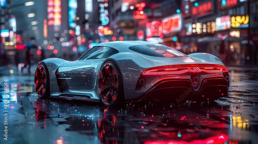 Imaginative cyborg car. Silver car stands against cyberpunk background ...