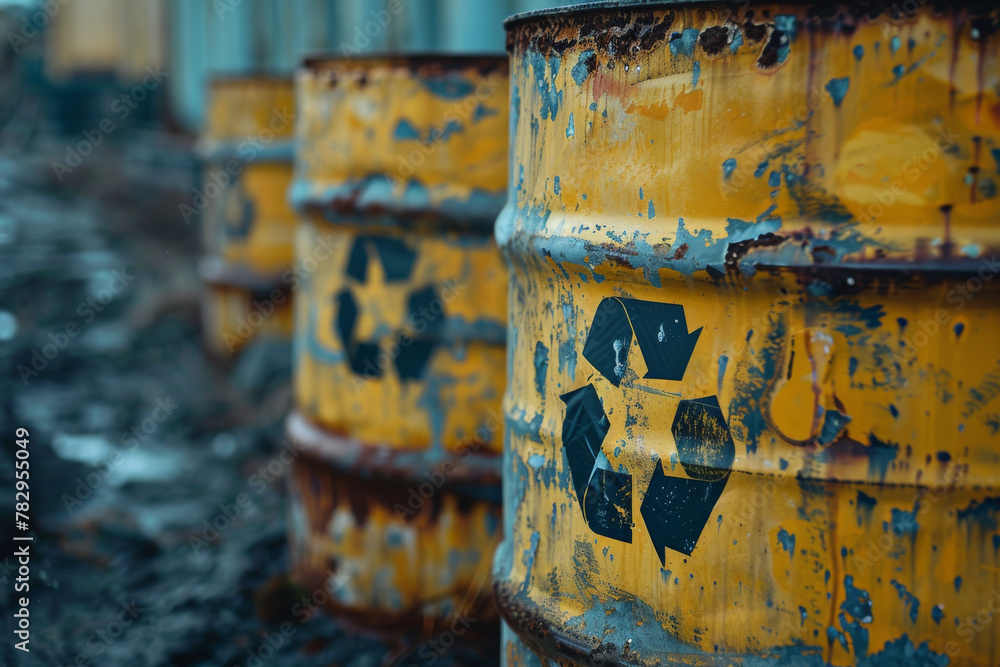 Aged Hazardous Waste Barrels with Recycling Symbols in Industrial ...