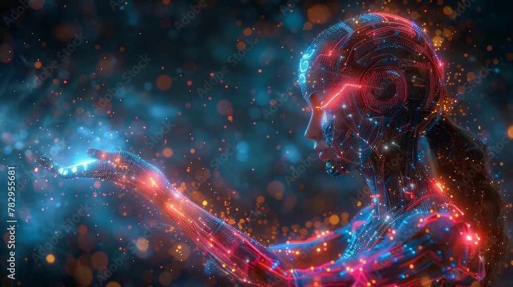 Digital technology art. Robot with AI in hand. Neural network in image ...