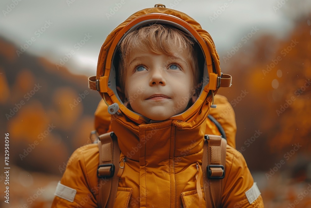 An adorable child imagines adventures in outer space while dressed in a ...