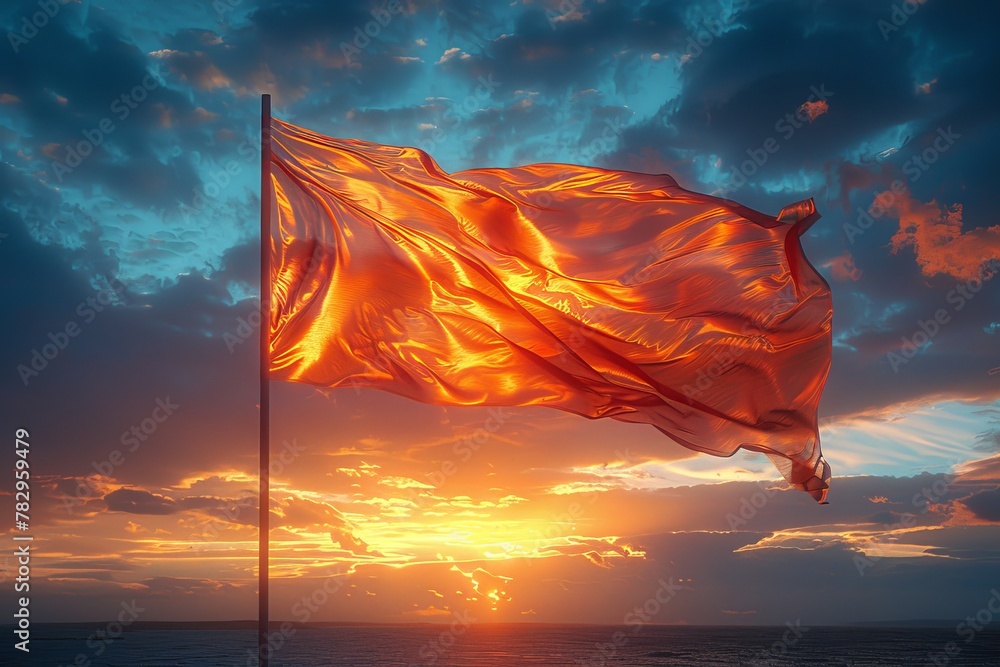 An orange flag flapping powerfully in the wind against a dramatic ...