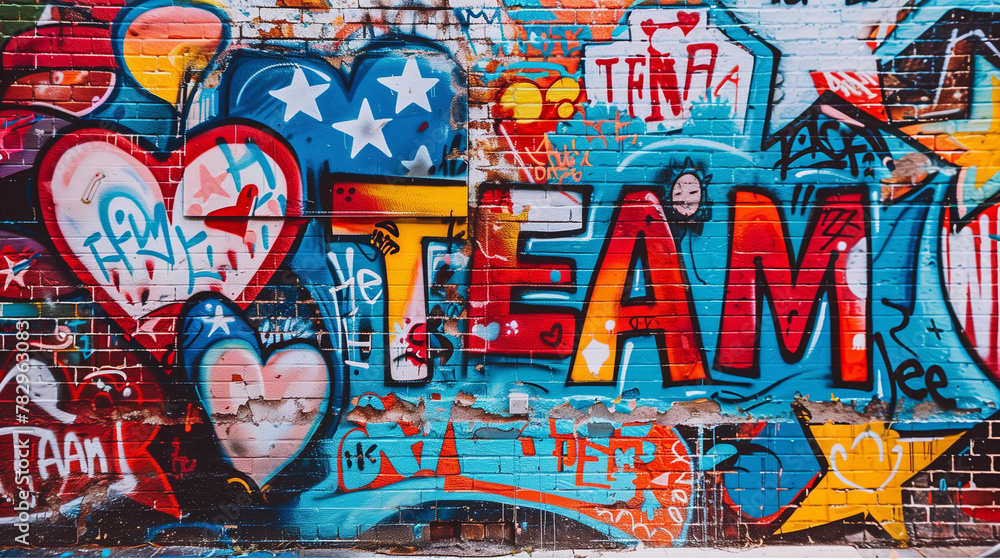 Word Team graffiti on brick ally way city building wall colorful urban ...