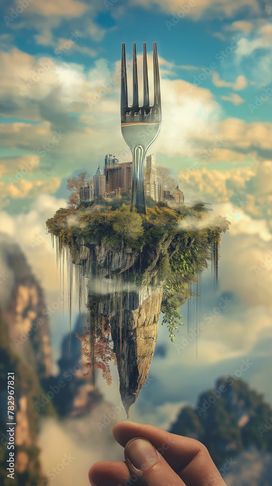 Surreal floating island with urban landscape on a fork, perfect for ...
