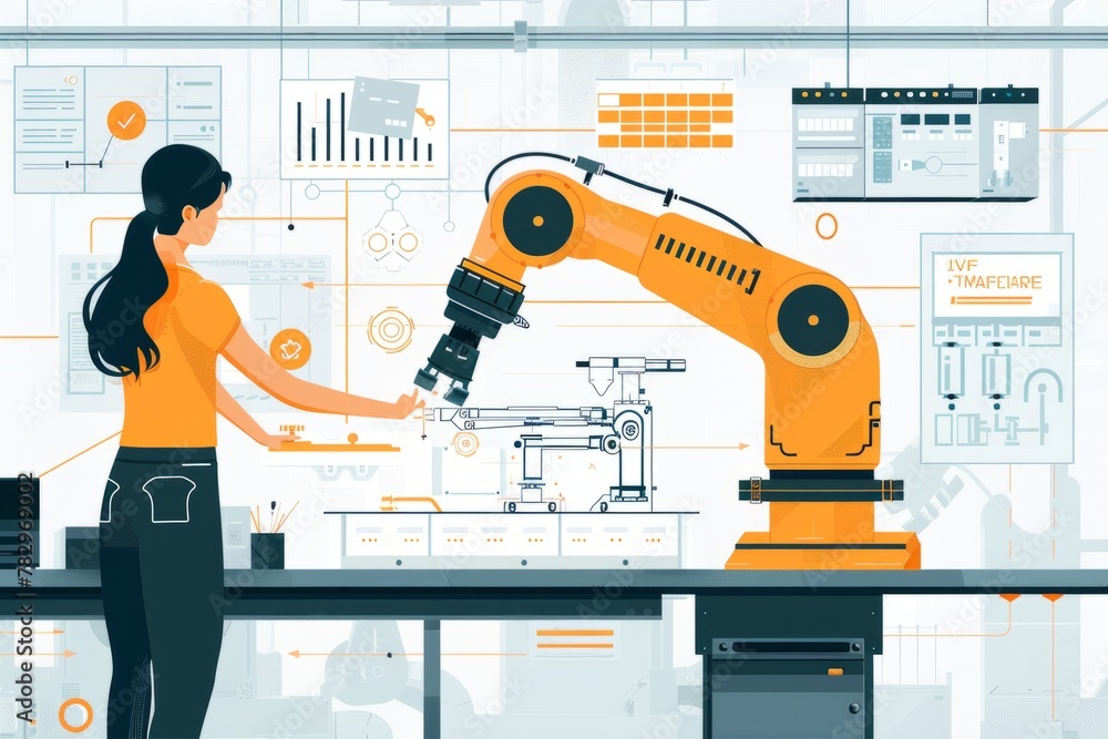 Vector illustration of A factory worker using an AI-powered system to ...