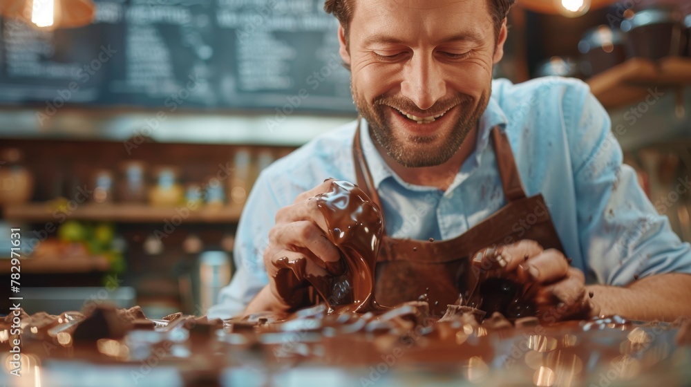 Man chocolatier in an apron and black food gloves making artisan ...