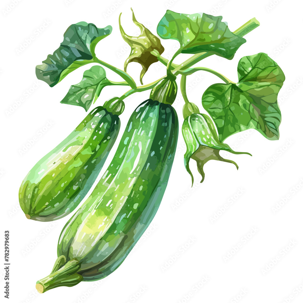 Watercolor vector of a zucchini (courgette) on branch with leaves ...